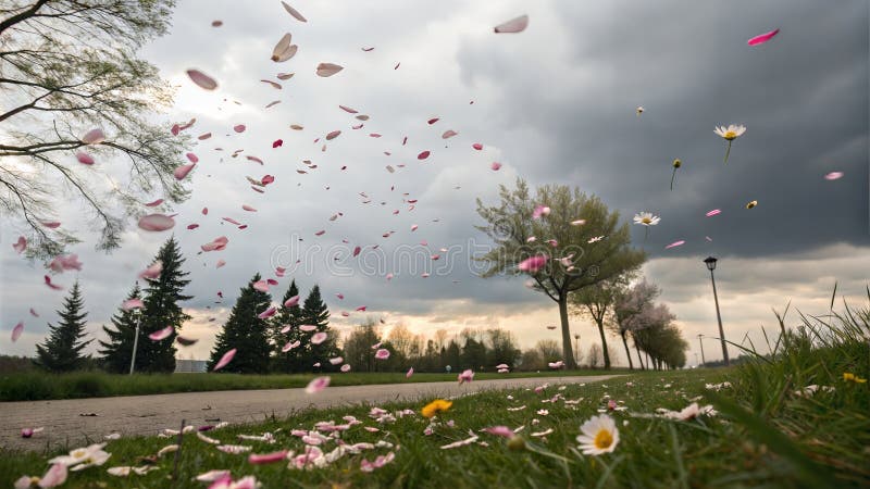 Magnolia Petals Falling on Path with Trees and Cloudy Sky Spring Stock ...