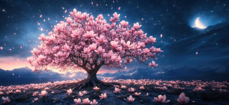 Magnolia Tree in Full Bloom Under Starry Night Sky with Crescent Moon ...