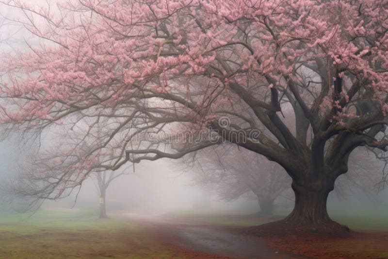 Magnolia Tree in a Misty Morning Scene Stock Illustration ...