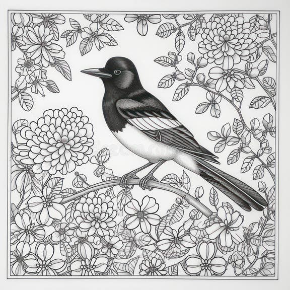 Magpie Bird Drawing Coloring Book Page Stock Illustration ...