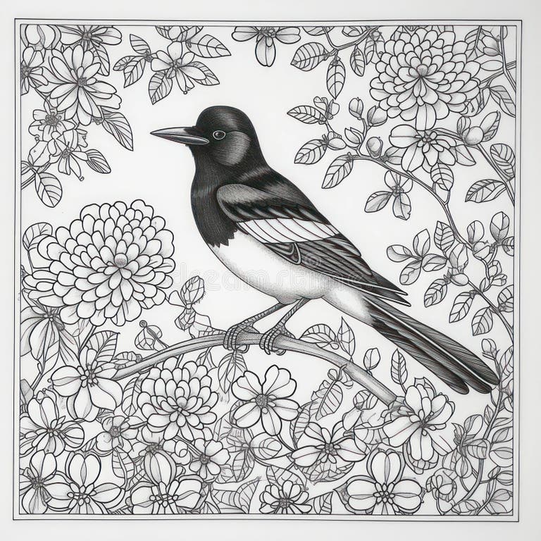 Magpie Bird Drawing Coloring Book Page Stock Illustration ...