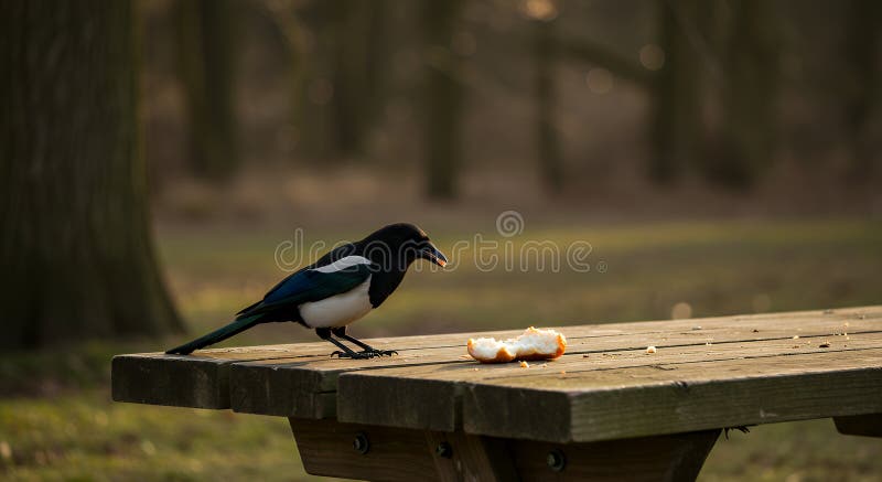 Magpie Bird Eating Bread on Picnic Table in Natural Park Stock ...