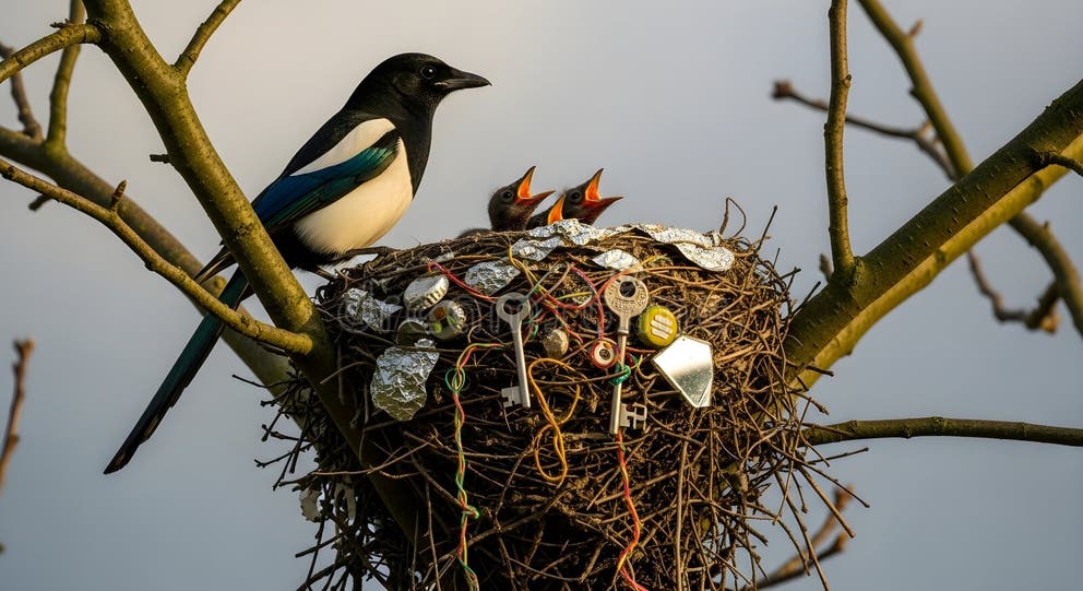 Magpie Feeding Its Chicks in a Nest Adorned with Shiny Objects and Keys ...