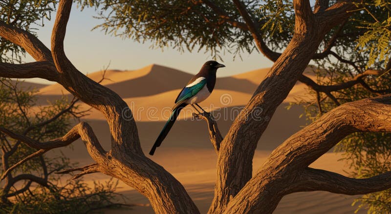 Magpie Perched on Desert Tree Branch at Sunset Serene Scenery Stock ...