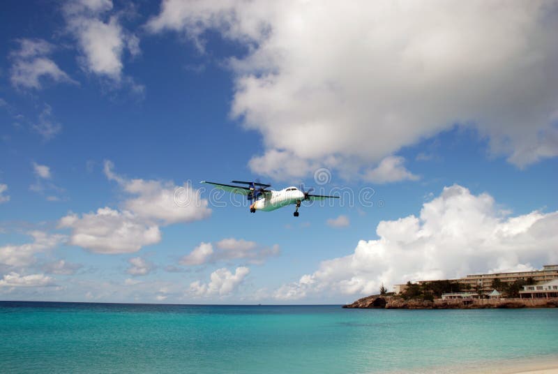 Maho Beach Plane Landing Saint Martin Stock Image - Image of clouds ...
