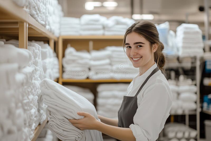 Maid Folding Laundry and Towels in Hotel Utility Room Stock ...