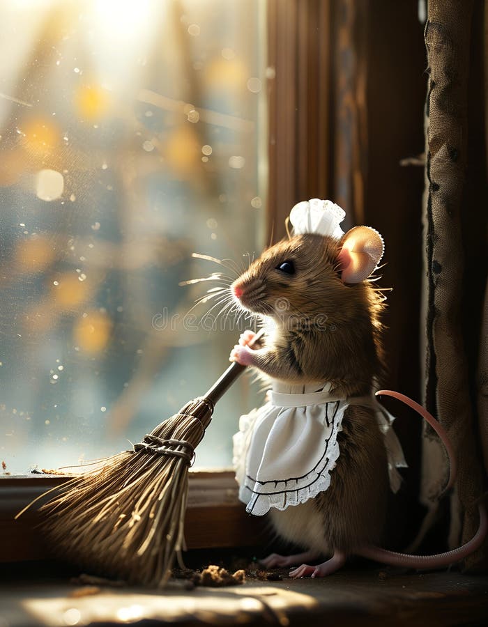 Maid mouse cleans up trash stock illustration. Illustration of cleaning ...