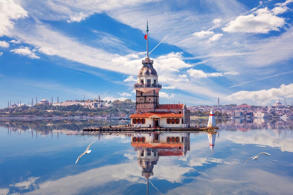 The Maiden S Tower and Its Reflection in the Bosphorus, Istanbul, Turkey Stock Photo - Image of ...
