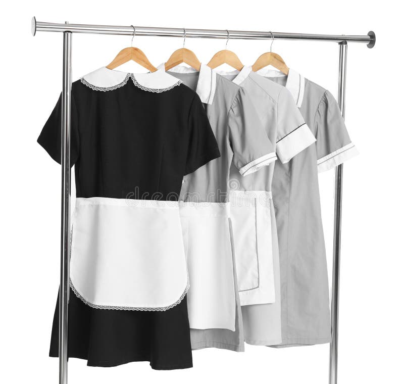 Maids Uniforms on Clothing Rack Isolated on White Stock Image - Image ...