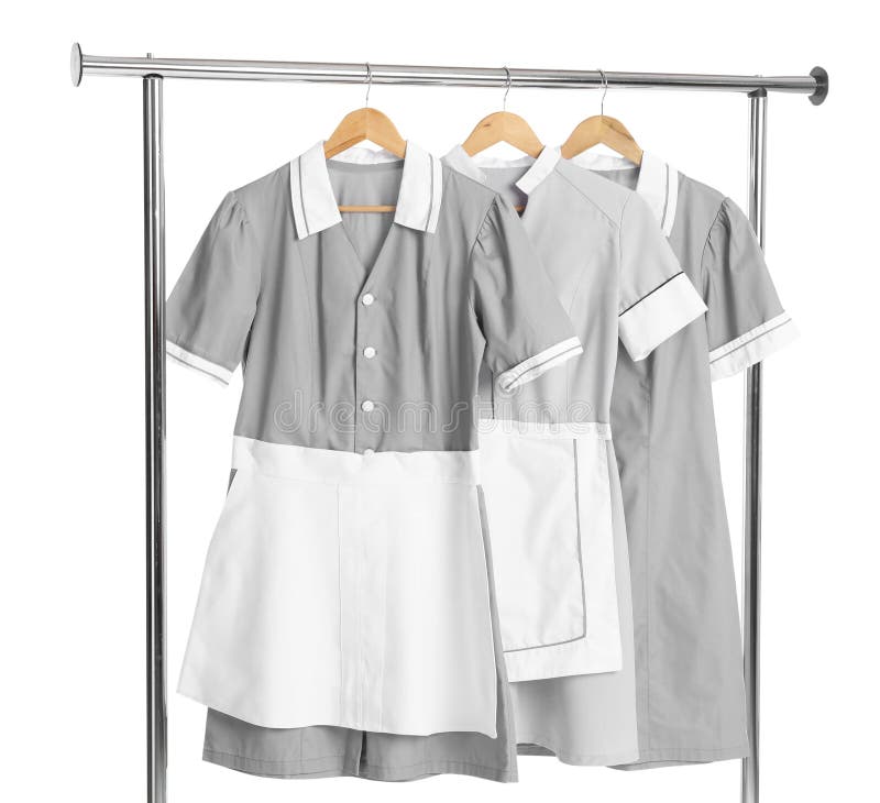 Maids Uniforms on Clothing Rack Isolated on White Stock Photo - Image ...