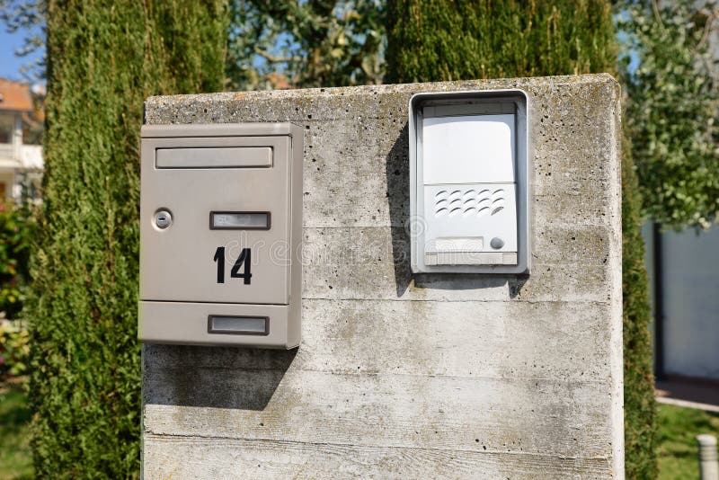 Mail Box and Intercom on Grey Concrete Wall Outdoors Stock Photo ...