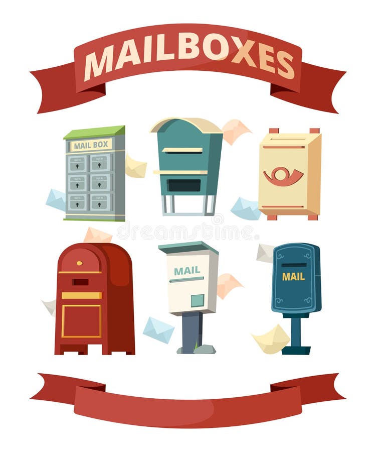 Mail Boxes. Containers for Post Letters Vector Illustrations Set Stock ...