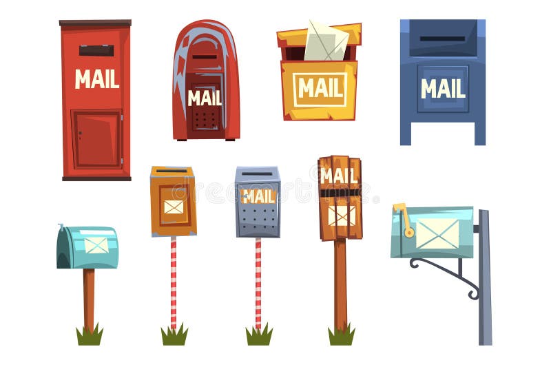 Mail Boxes Set, Vintage Postbox Cartoon Vector Illustrations Stock ...