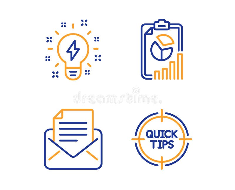 Mail Correspondence, Inspiration and Report Icons Set. Tips Sign ...