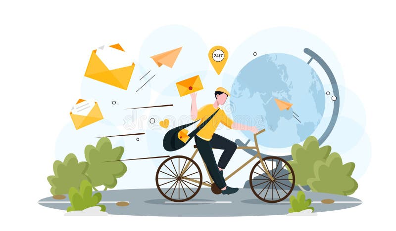 Mail Courier on Bicycle Delivering Letters. Vector Illustration Stock ...