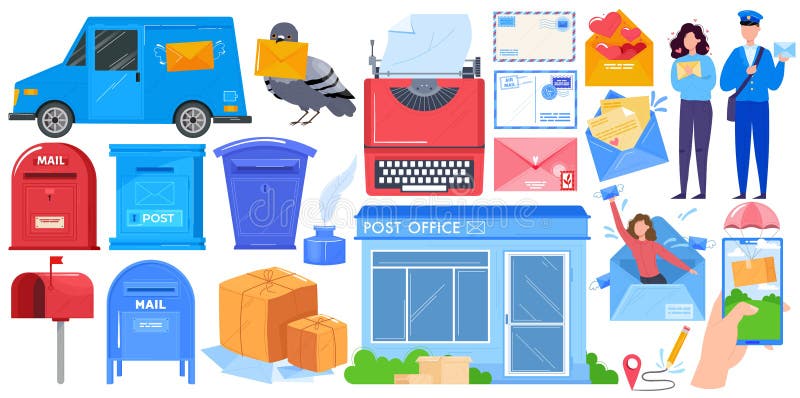 Mail Delivery, Post Shipping Service Islated Icons Set with Mailbox ...