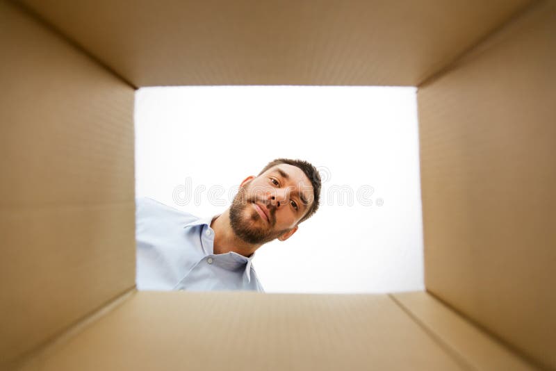 Man Looking into Open Parcel Box Stock Image - Image of cardboard ...