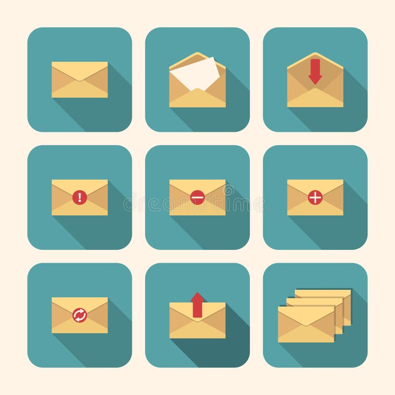 Mail Icon Set in Flat Design Stock Vector - Illustration of lock, open ...