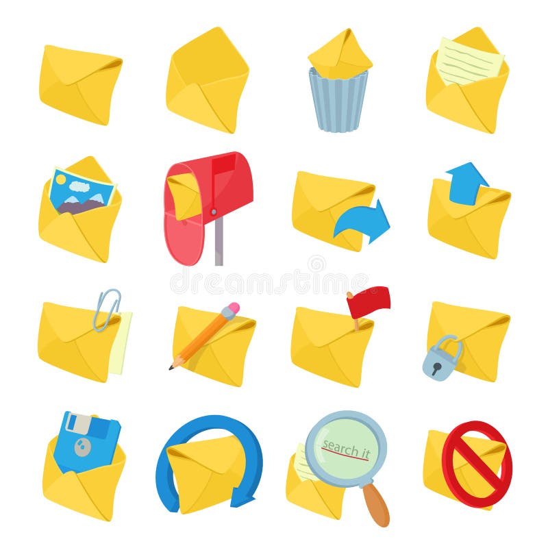 Mail Icons Set, Cartoon Style Stock Vector - Illustration of modern ...
