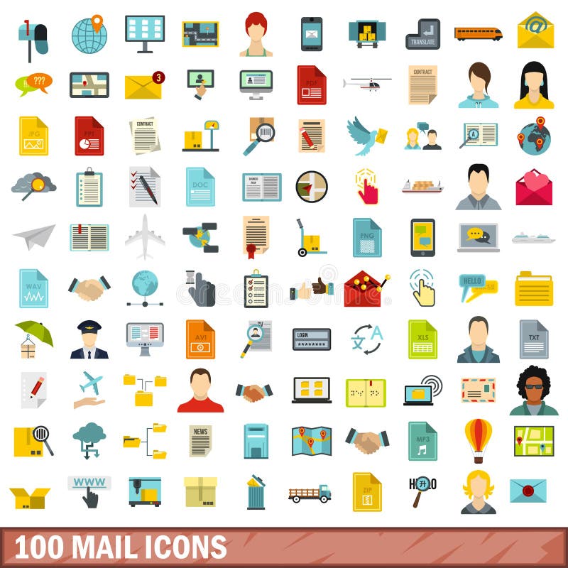 100 Mail Icons Set, Flat Style Stock Vector - Illustration of ...