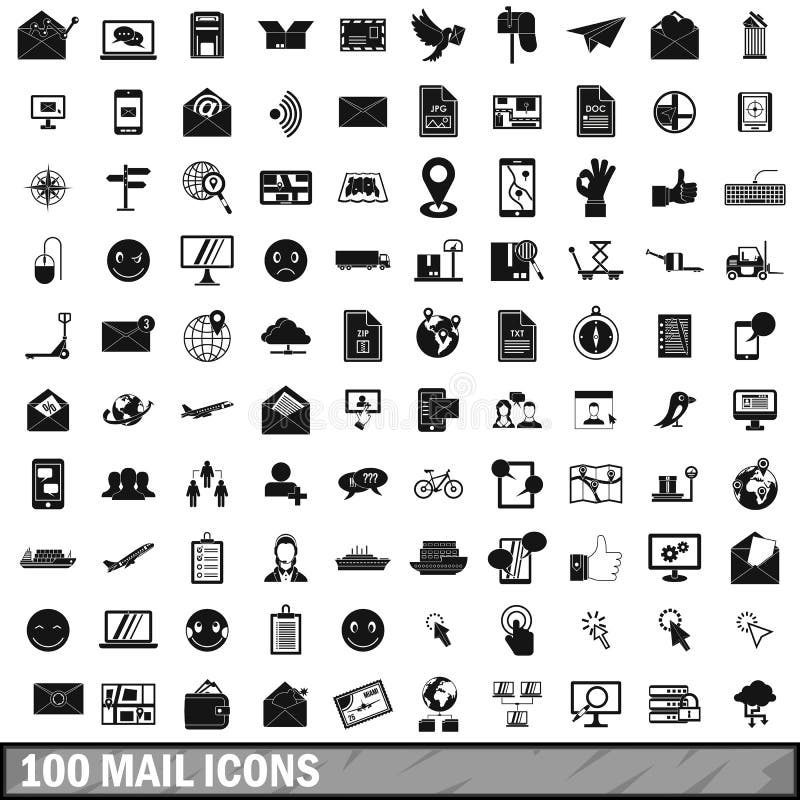 100 Mail Icons Set in Simple Style Stock Vector - Illustration of phone ...