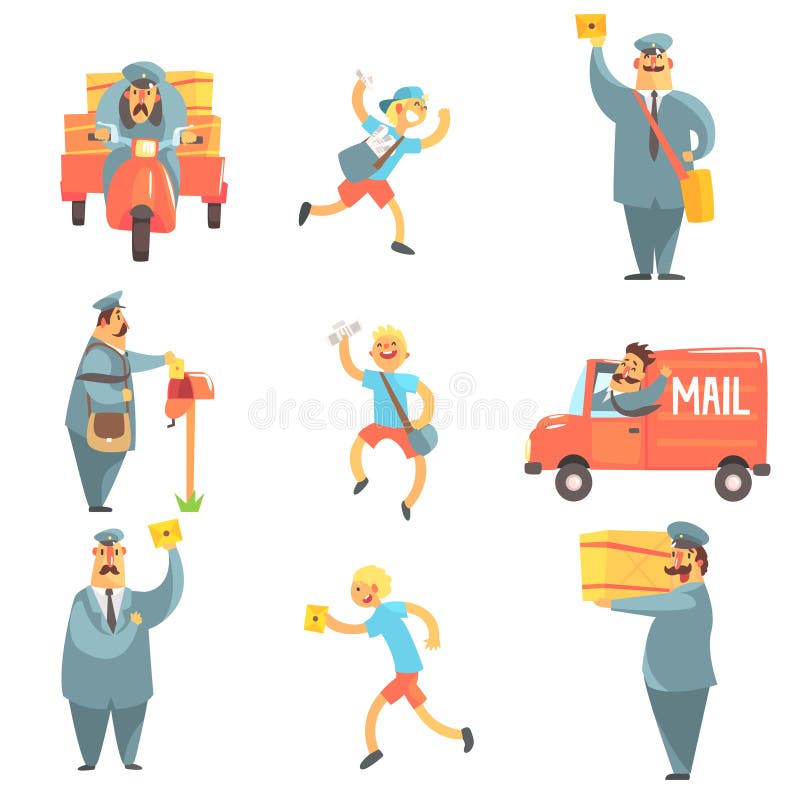Mail Man and Corrier Work Process Set Stock Vector - Illustration of ...
