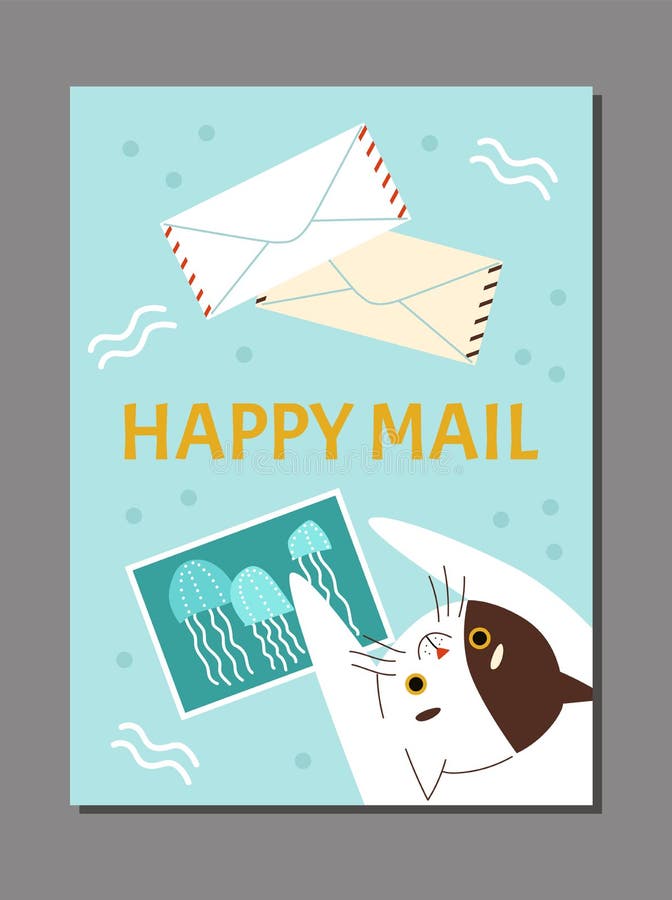 Mail Poster with Cat among Postcards and Envelopes, Flat Vector ...