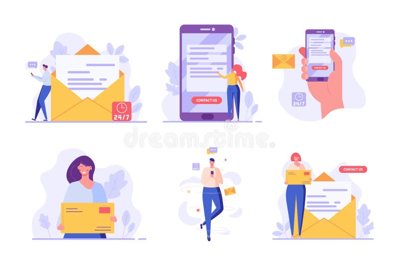 Mail Service Set. People Using Mobile Phone and Writing Mail. Contact ...