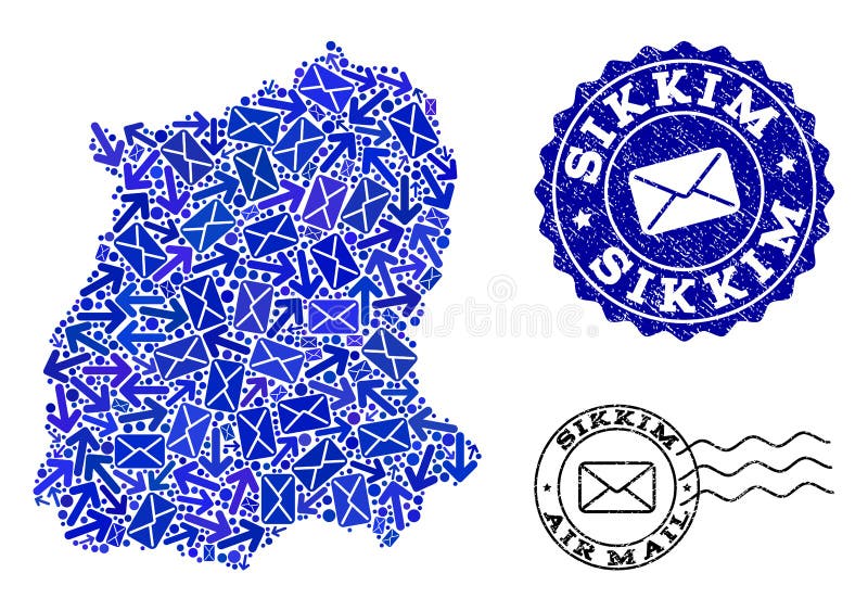 Mail Ways Composition of Mosaic Map of Sikkim State and Textured Stamps ...