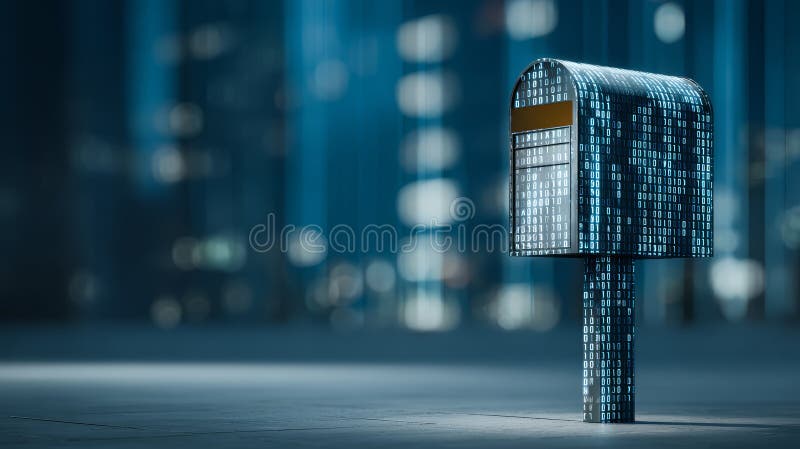 Mailbox Covered with Binary Code Standing on Street with Blurred City ...