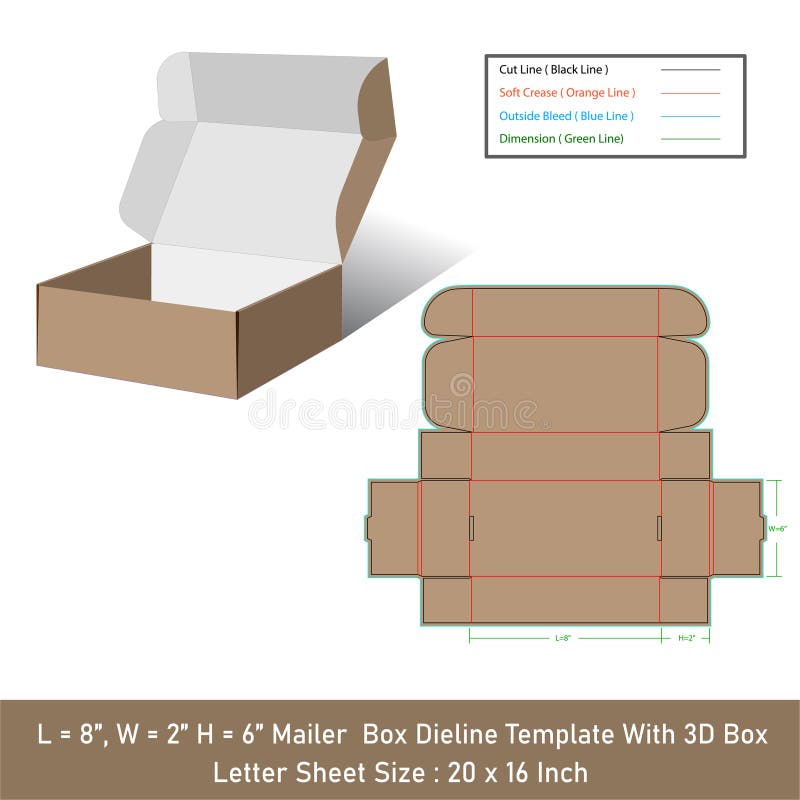 Mailer Box Size 8x2x6 Inch Dieline Template, Vector Design Stock Vector ...