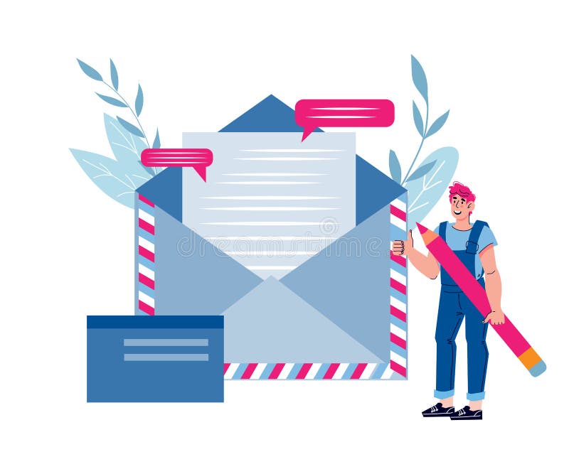 Mailing Services and Email Concept with Tiny Man Cartoon Vector ...