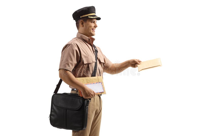 Full Length Portrait of a Postman in a Uniform Holding Letters and ...