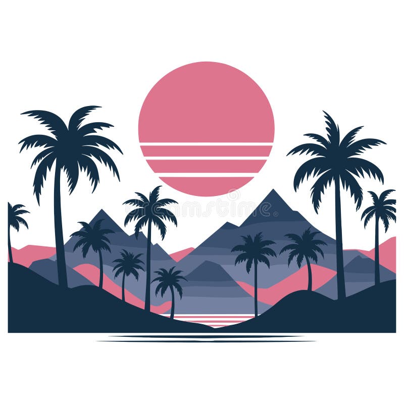 Retro Tropical Sunset Landscape Vector Illustration in Pink and Navy ...