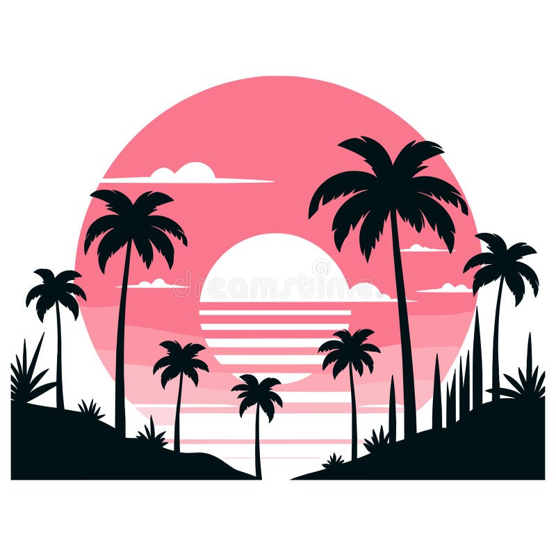 Tropical Sunset Illustration with Palm Trees, Pink and Black Motif ...