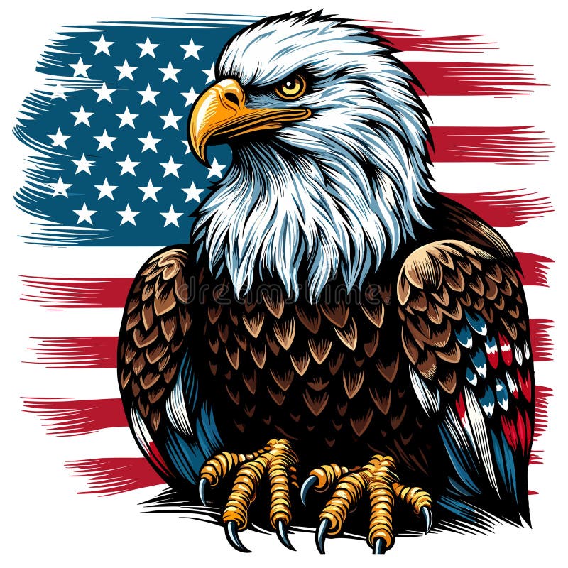 Fierce Eagle Illustration Against American Flag, Detailed Vector Art ...