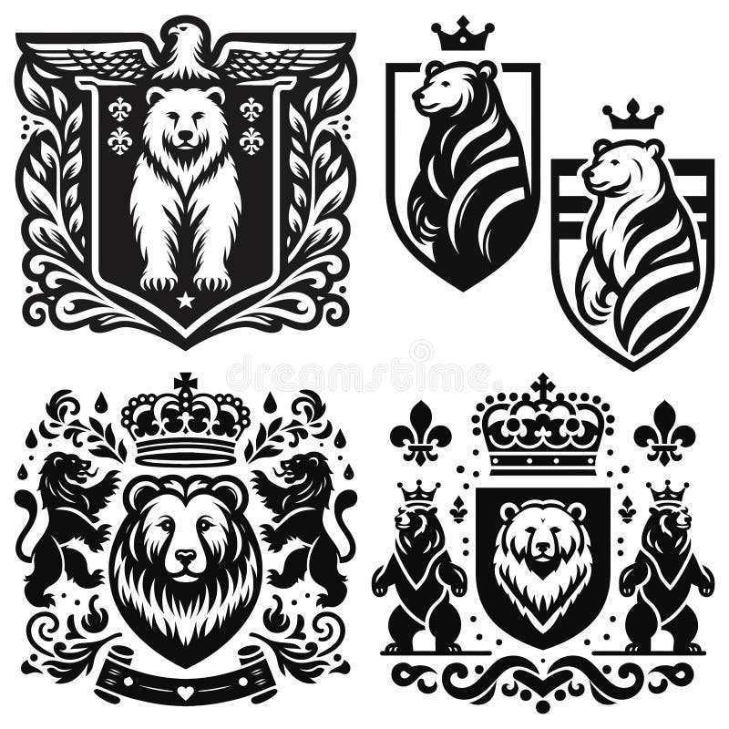Intricate Heraldic Bear Coat of Arms Crests, Black and White Vector ...