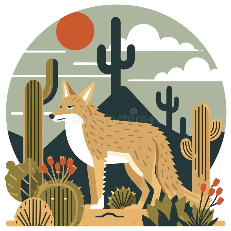 Stylized Coyote Illustration in Desert Landscape, Vector Design ...