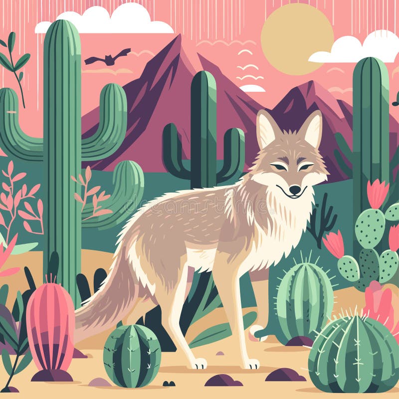 Calm Coyote in Desert Landscape Smiling among Cacti, Vector ...