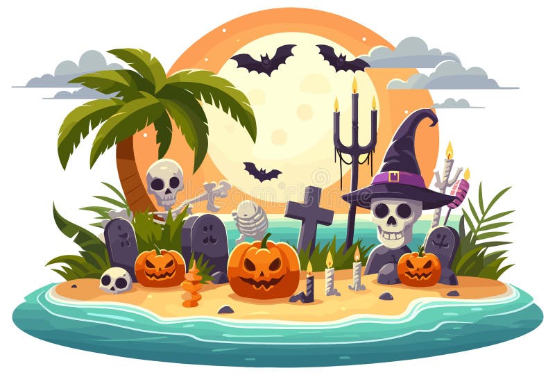 Halloween Beach Scene Vector Illustration, Skeletons and Pumpkins at ...