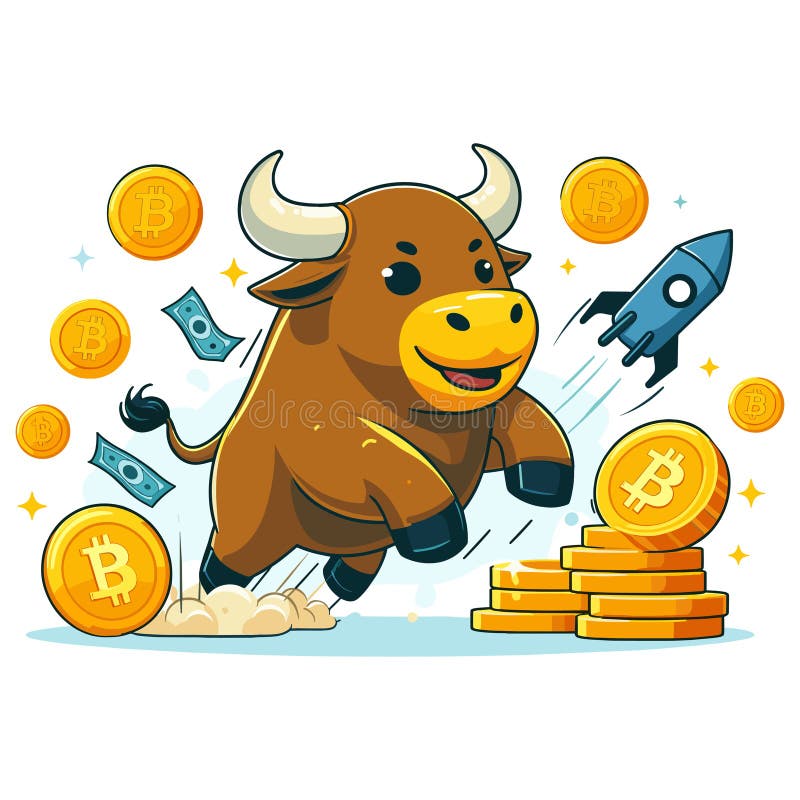 Cheerful Cartoon Bull with Bitcoins and Money, Vector Illustration ...
