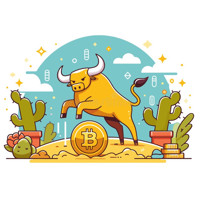 Cartoon Bullish Yellow Bull with Bitcoin Symbol, Digital Illustration ...