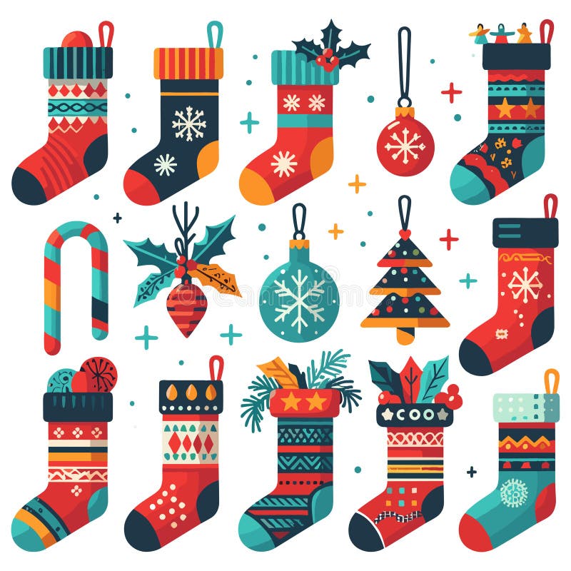 Christmas Stockings and Decor Vector Illustration Colorful Festive ...