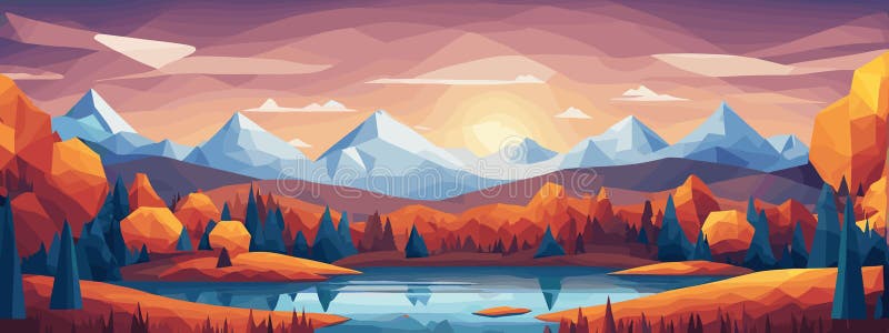 Low Poly Landscape at Sunset, Vector Illustration, Autumn Colors, Ideal ...