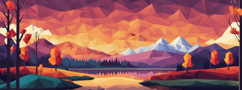 Polygon Autumn Lake Landscape with Mountains, Vector Illustration ...