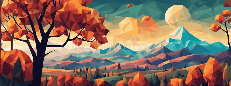 Abstract Autumn Polygon Landscape, Vibrant Colors, Geometric Art ...