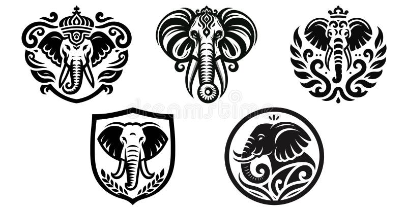 Royal Elephant Crest Designs in Black and White, Vector Illustrations ...