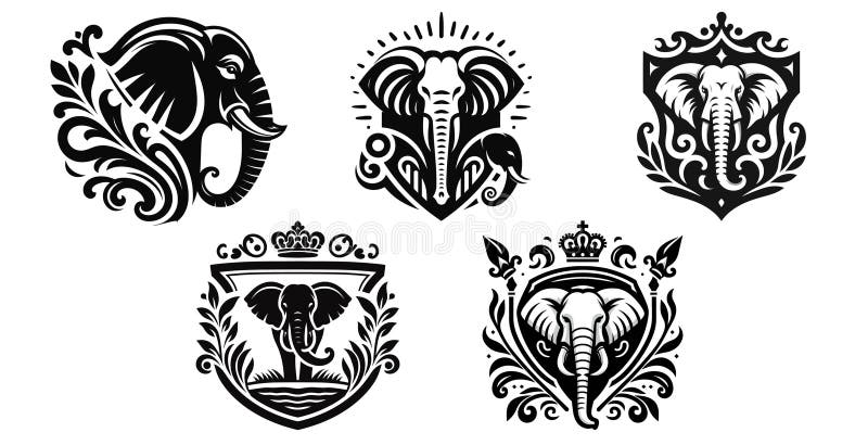 Five Majestic Elephant Emblem Vector Illustrations, Black and White ...