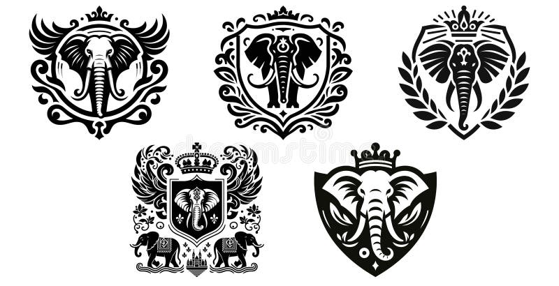 Ornate Stylized Elephant Crests Vector Illustration Black and White ...