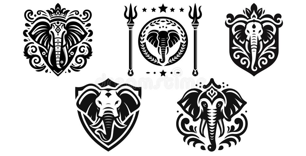 Elephant Emblem Set Vector Illustration Black and White Design ...